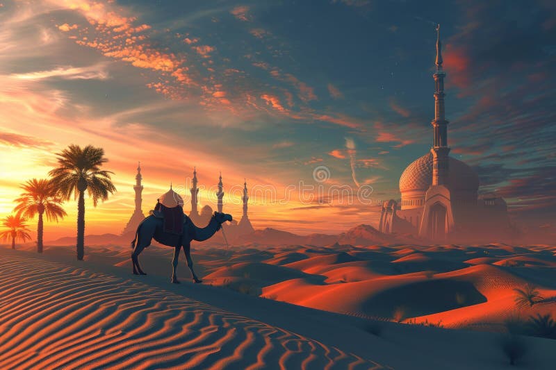 Camel Ride at Sunset in Desert with Minaret Stock Image - Image of ...