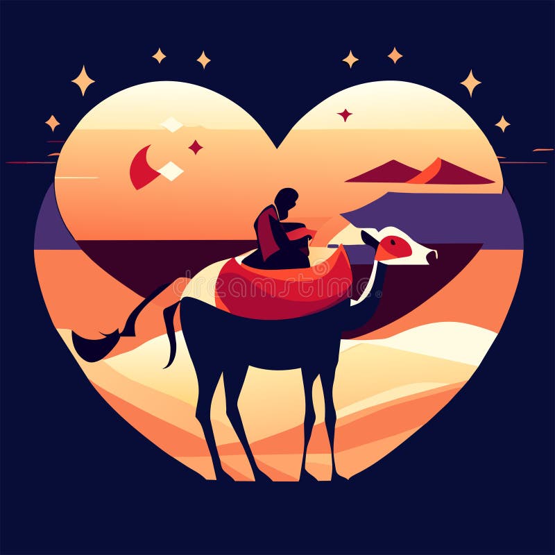 Camel Riding in the Desert at Sunset, Vector Illustration in Flat Style ...