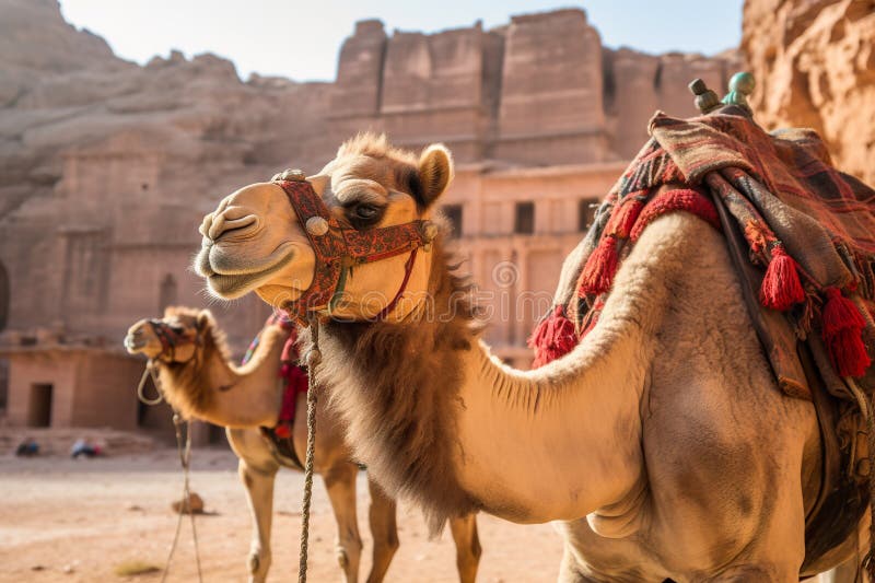 A Camel with a Saddle Standing in Front of a Building. Generative AI ...