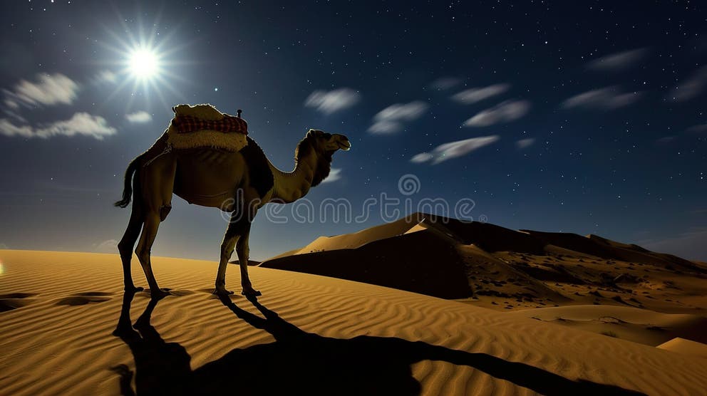 Camel Shadow on a Dune during Night Moonlight . Generative Ai Stock ...