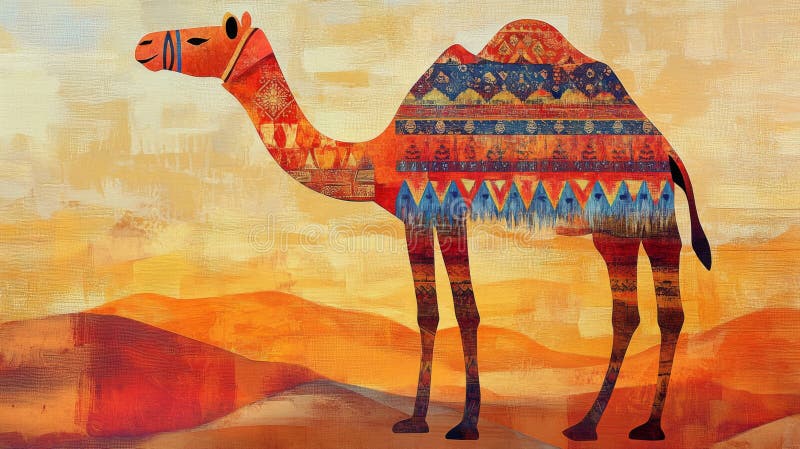 Camel Silhouette with Vibrant Rug Pattern in Desert Landscape Stock ...
