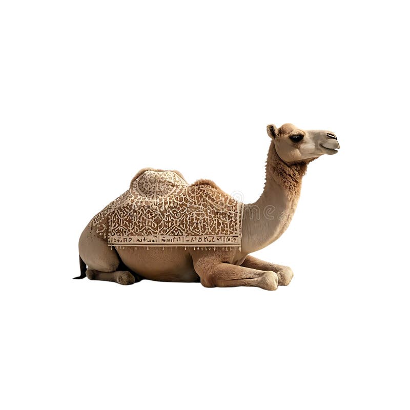 A Camel Sitting Down with an Ornate Blanket on Its Back Against a Plain ...