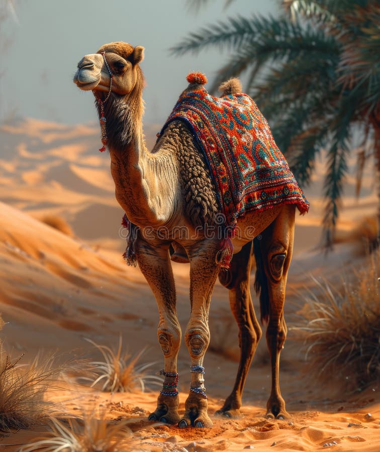 Camel Standing in the Desert with Beautiful Saddle Cloth Covering Stock ...