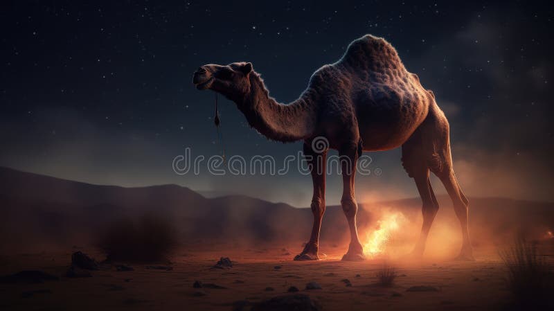 Camel Standing in the Desert at Night. Created by Generative Artificial ...