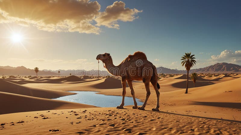 Camel Standing by a Desert Oasis with Palm Trees and Mountains in the ...