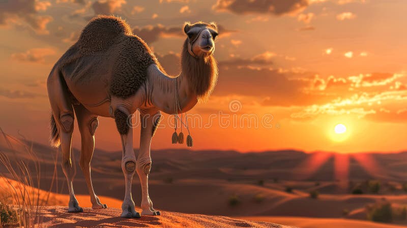 Camel is Standing in the Desert at Sunset. Stock Image - Image of cute ...