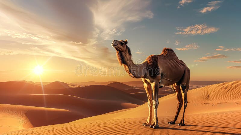Camel is Standing in the Desert at Sunset. Stock Image - Image of east ...