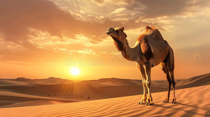 Camel is Standing in the Desert at Sunset. Stock Photo - Image of ...