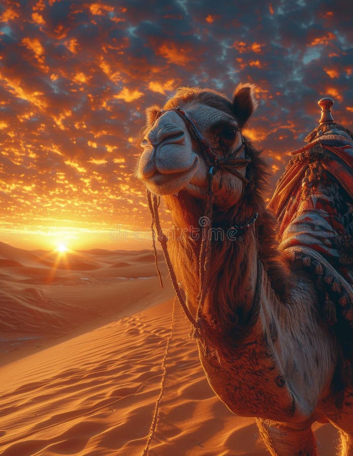 Camel Standing in Front of Beautiful Sunset in the Desert Stock Image ...