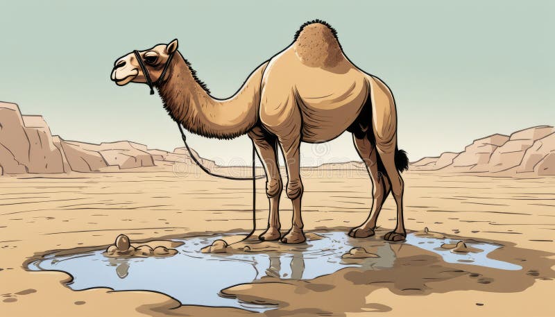 A Camel Standing in a Puddle of Water Stock Illustration - Illustration ...