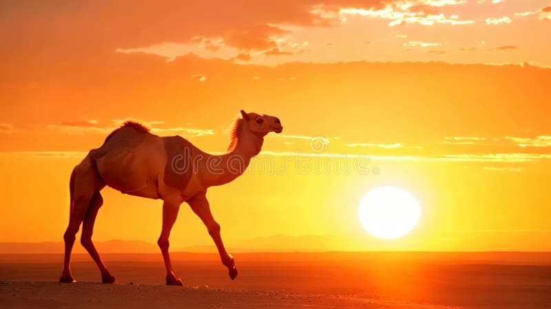 Silhouetted Camel Trekking Across Serene Desert at Sunset Stock Video ...