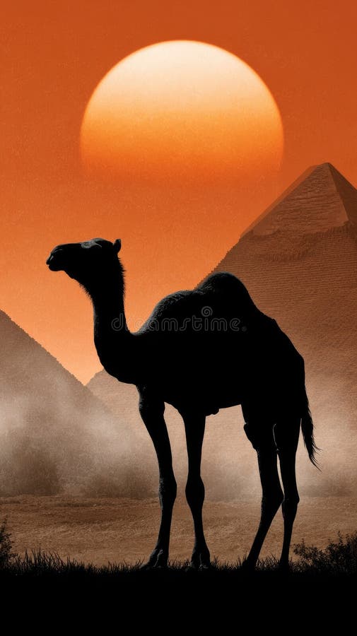 A Camel Stands in Front of Three Pyramids Against a Black Background ...