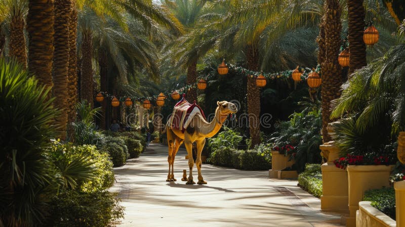 Camel Stands on Palm Tree Lined Pathway Stock Illustration ...