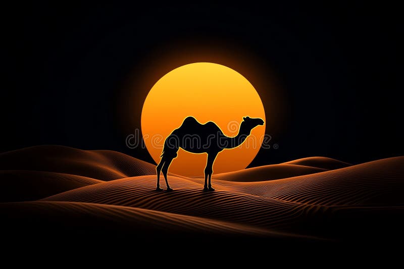 A Camel Stands in Silhouette Against a Large, Glowing Sun in a Desert ...