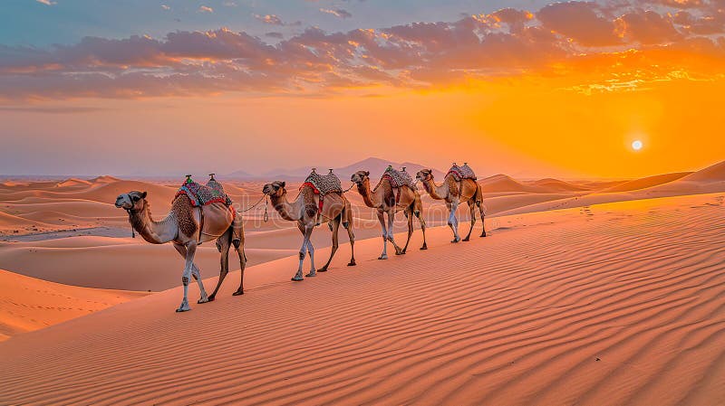 Camel at Sunset in the Desert. Beautiful Desert Landscape Sunset Stock ...