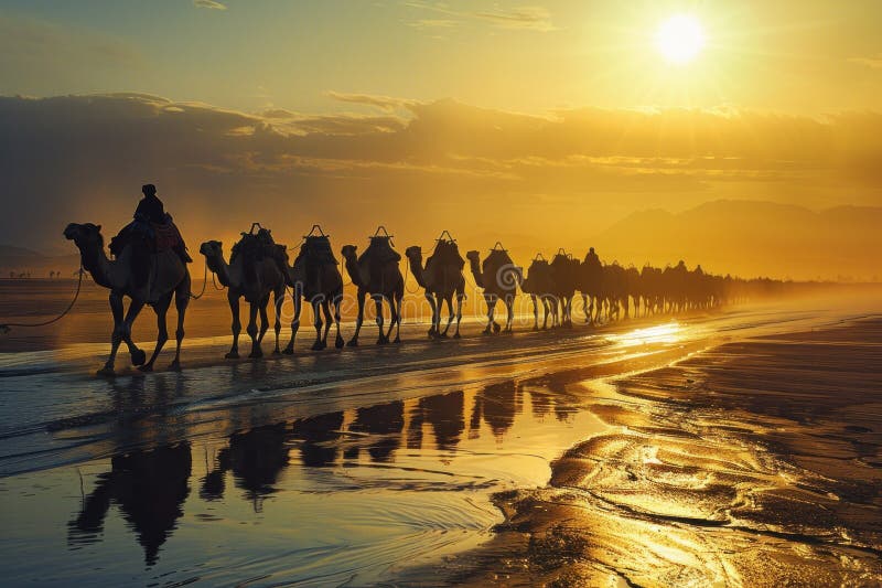 Camel Train Walking Along the Beach at Sunset in Single File Stock ...