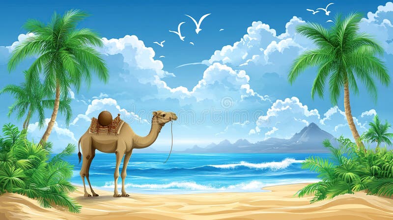 Camel on Tropical Beach Scene Stock Image - Image of traveler, nature ...