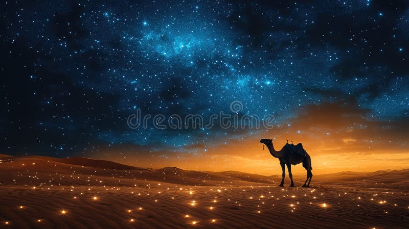 Camel Under Starry Sky. Surreal Desert Landscape with Twinkling Lights ...