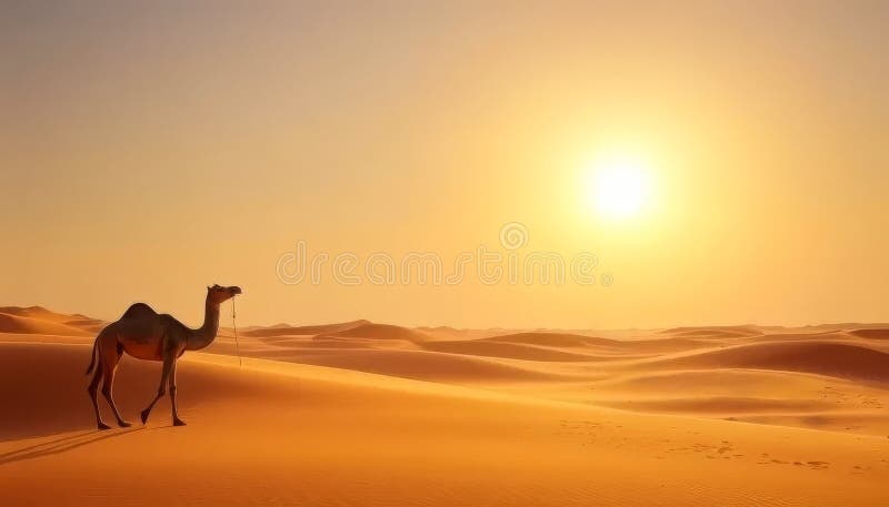 Camel is Walking Across a Desert with a Bright Sun in the Background ...