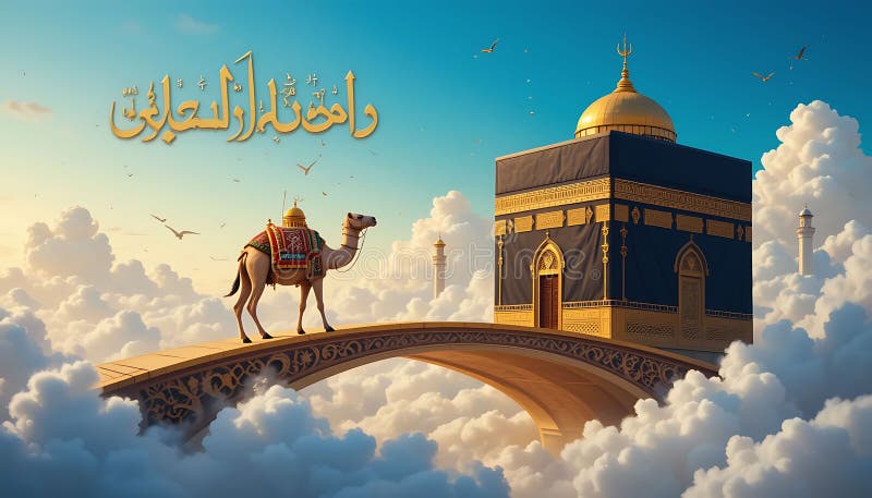 A Camel Walking on a Bridge Toward the Kaaba in the Clouds with Arabic ...
