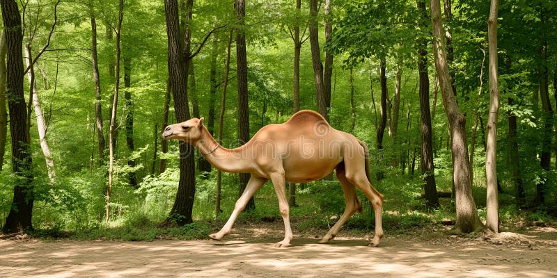 A Camel Walking on a Dirt Path through a Lush Green Forest with Tall ...