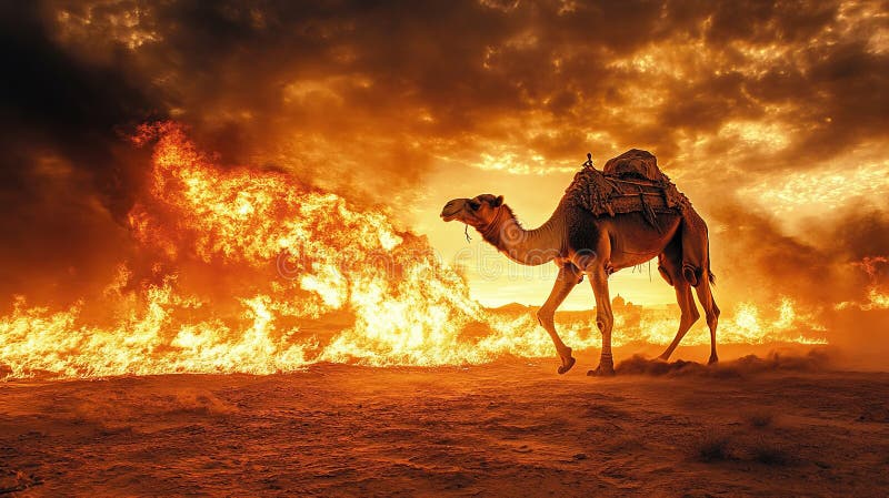 Camel Walking Past Desert Fire at Sunset Stock Image - Image of animal ...