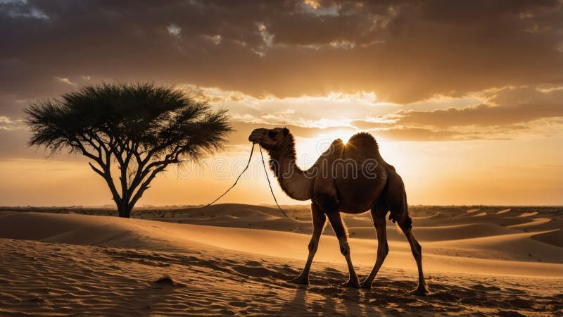 A Camel Walks through a Desert Landscape at Sunset, with a Solitary ...