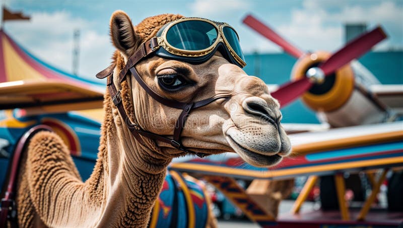 Camel Wearing Aviator Goggles Leading Circus Plane Parade Float Stock ...
