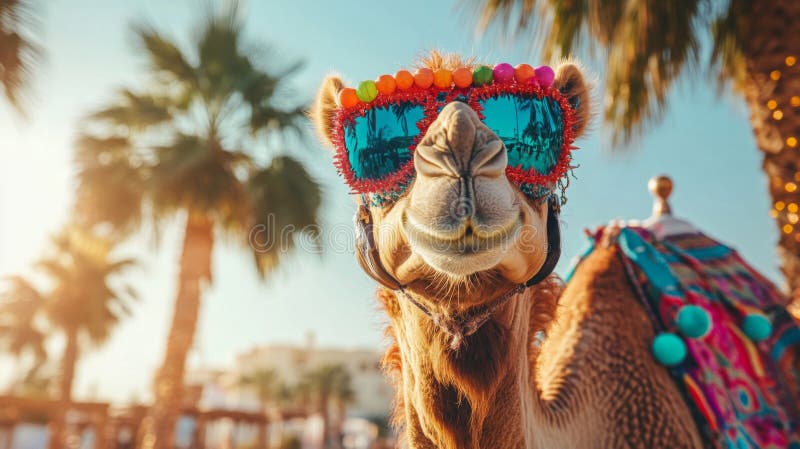 Camel Wearing Colorful Sunglasses in Sunny Desert Stock Illustration ...