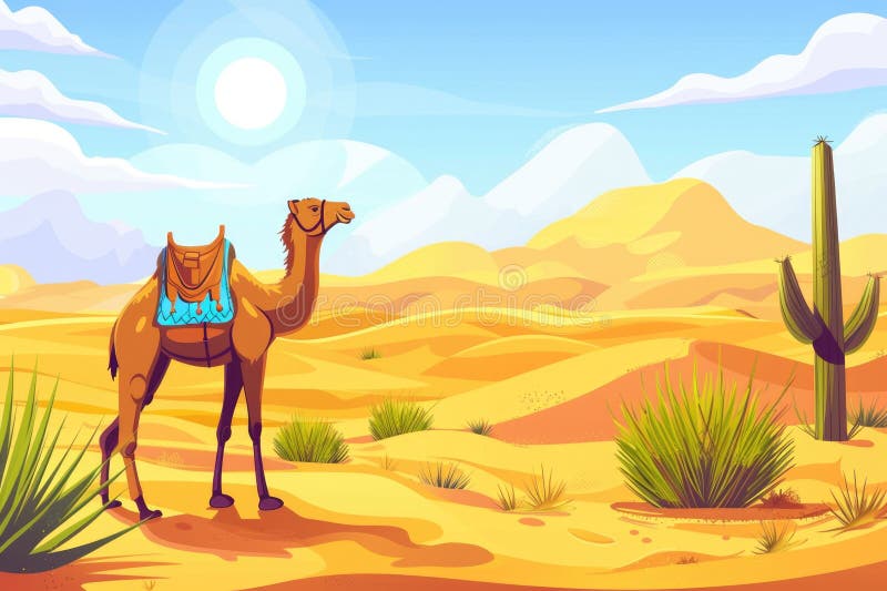 A Camel Wearing a Saddle Rides Across the Desert Landscape Stock Photo ...