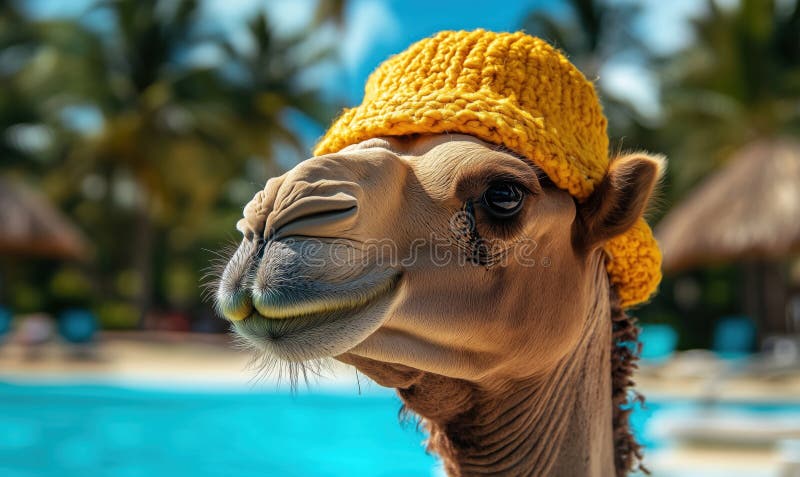 Camel Wearing Yellow Knitted Hat by Tropical Poolside with Palm Trees ...