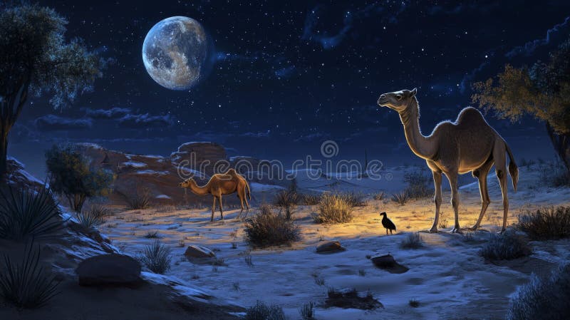 Camels in Desert at Night Under a Full Moon Stock Illustration ...
