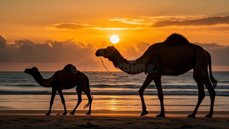 Camels Slowly Walk by the Golden Beach, with Bright Clouds in the Sky ...