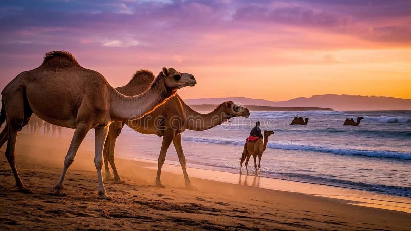 Camels Slowly Walk by the Golden Beach, with Bright Clouds in the Sky ...