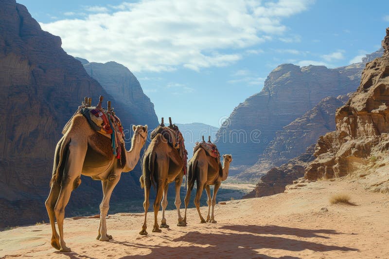 Camels Walking Down a Mountain Slope. Stock Photo - Image of colorful ...