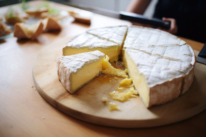 Camembert Wheel Cut Open, Gooey Cheese Oozing Out Stock Photo - Image ...
