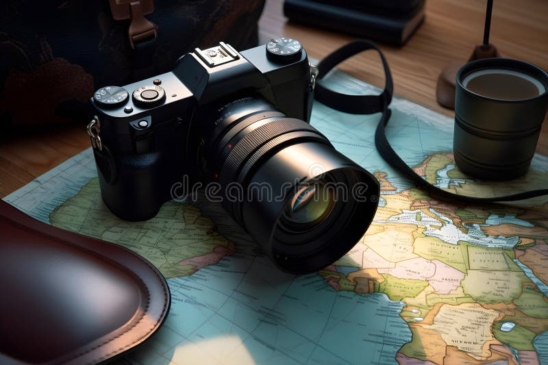Camera and Accessories Lying on the Map. Traveling Concept Design ...