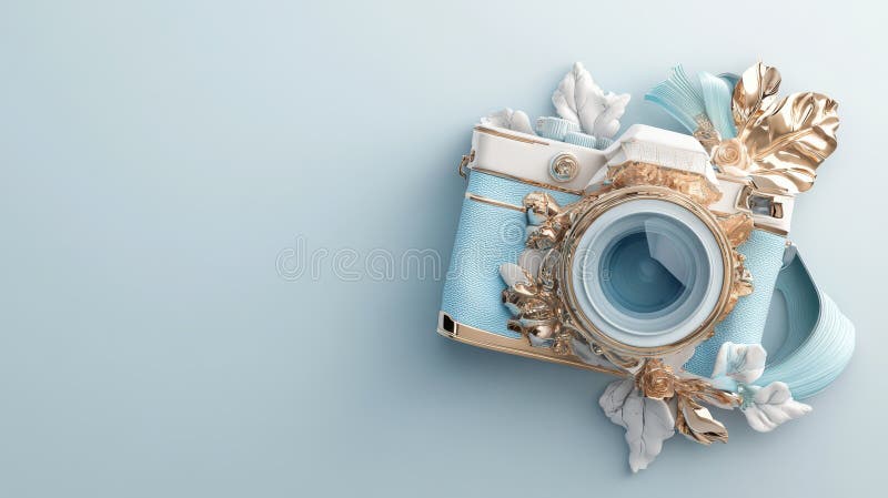 A Camera Adorned with a Blue Ribbon and Enclosed in a Gold Frame. Stock ...