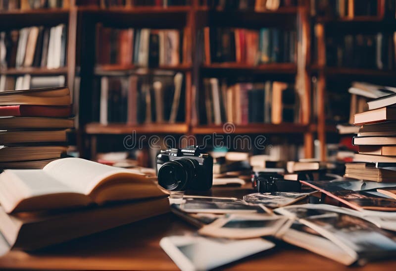 Camera, Books, and Glasses on a Table in Front of a Bookshelf Stock ...