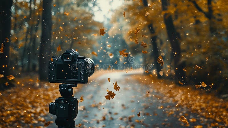 Camera Capturing Autumn Leaves Falling Along a Quiet Forest Path ...