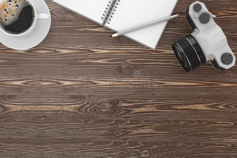 Camera and Coffee on Table, Workplace Stock Photo - Image of space ...