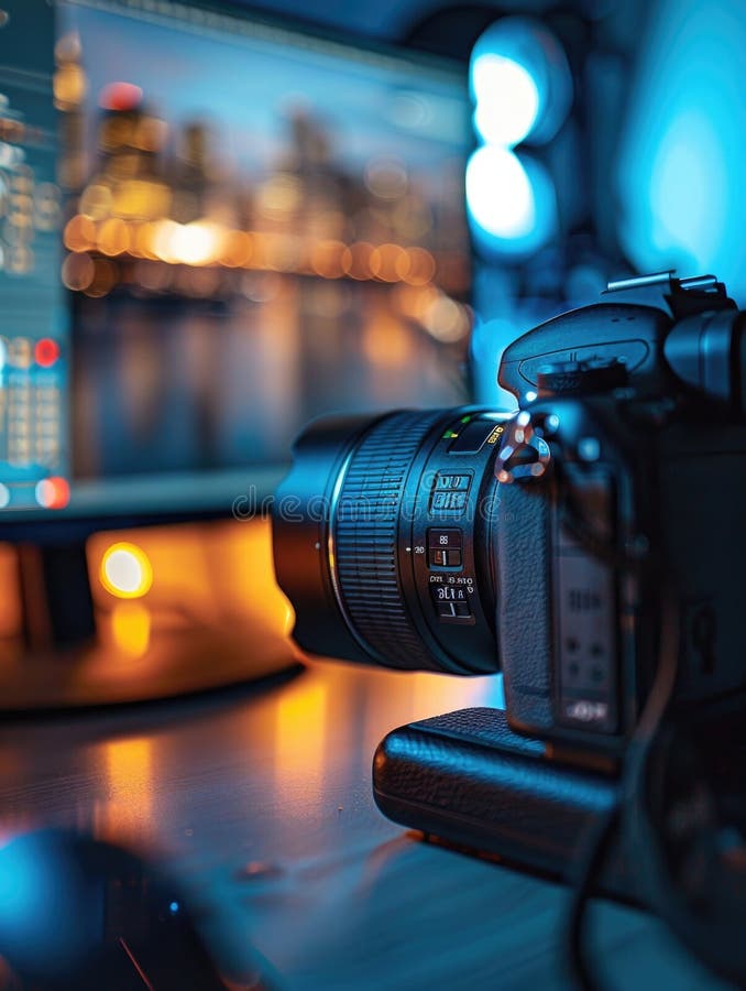 Camera and Computer Setup stock image. Image of recording - 374415571