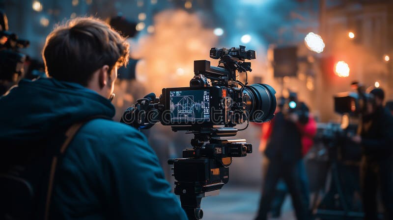 Camera Crew Filming a Scene with Lights and People in the Background ...