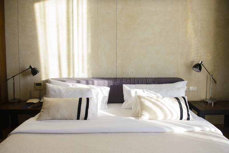 Camera Di Albergo Moderna Con Il Letto, I Cuscini E Lo Spazio Della ...