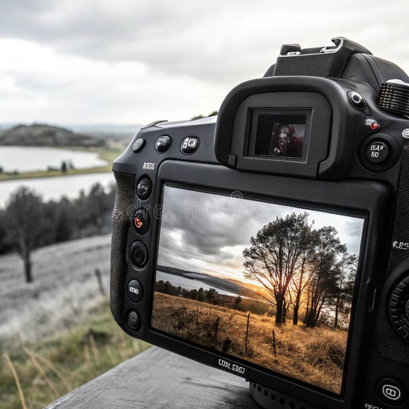 Camera Showing Landscape in Black and White and Color Stock ...