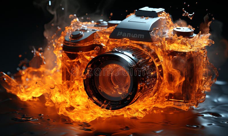 Camera Engulfed in Flames on Black Background Stock Photo - Image of ...