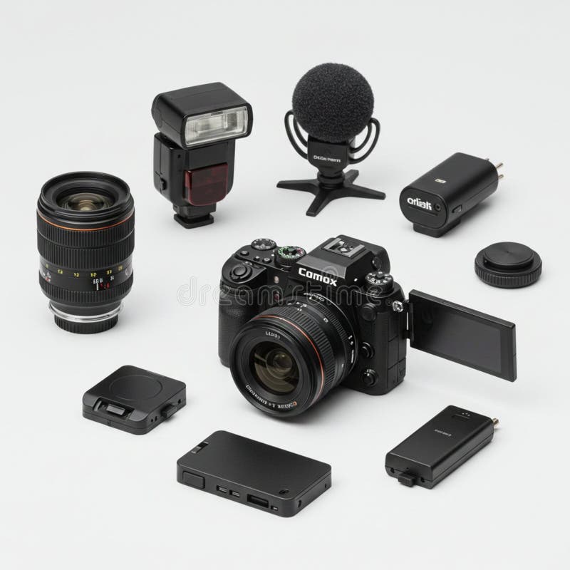 Camera Equipment Set on a White Background, Including a Black Digital ...