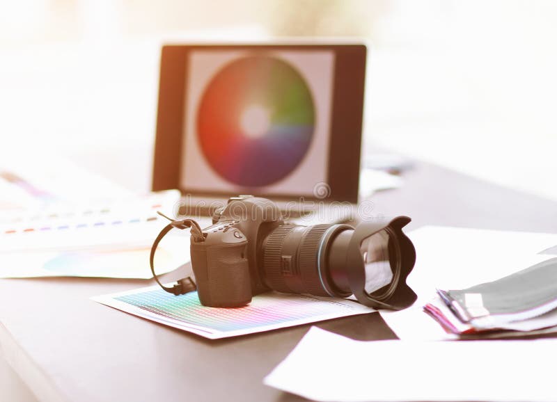 Camera,fabric Samples and Sketches are on the Desktop Stock Photo ...
