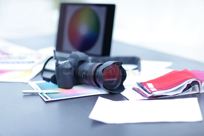Camera,fabric Samples and Sketches are on the Desktop Stock Image ...