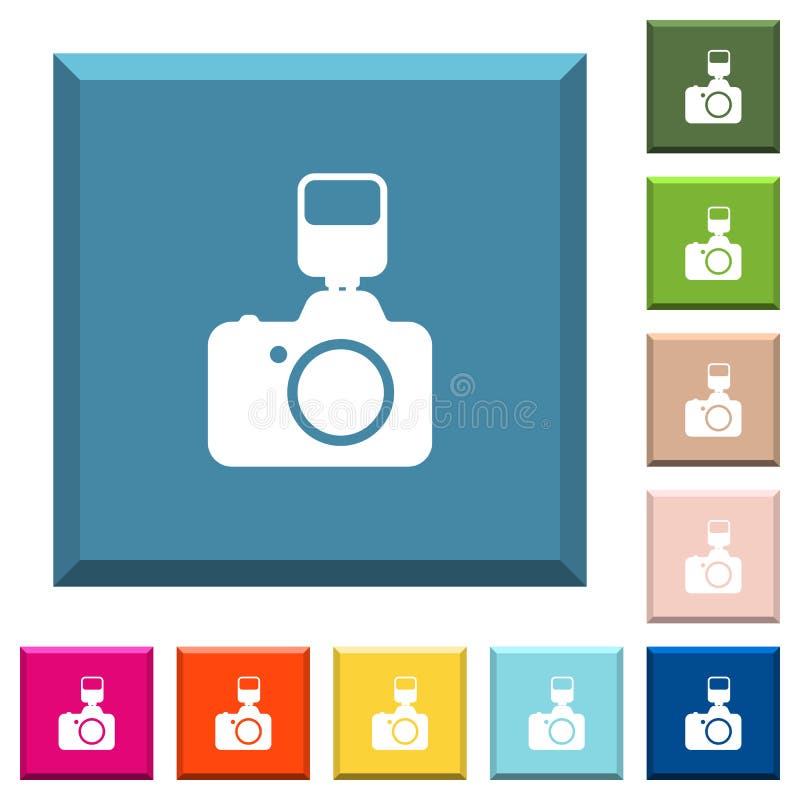 Camera with Flash White Icons on Edged Square Buttons Stock Vector ...